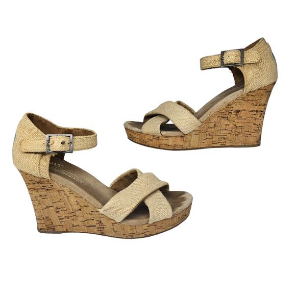 Toms | Shoes | Toms Shoes Womens 6 Tan Espadrille Heels Wedges Peep Toe ...